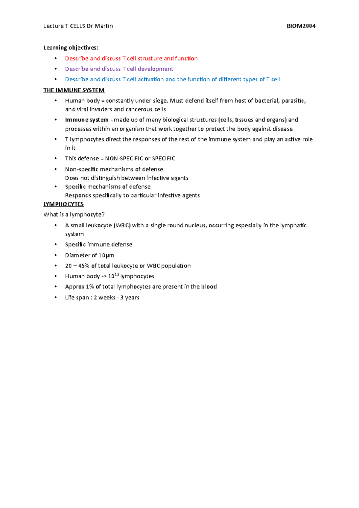 T Cells - dr martin - Learning objecives: Describe and discuss T cell ...
