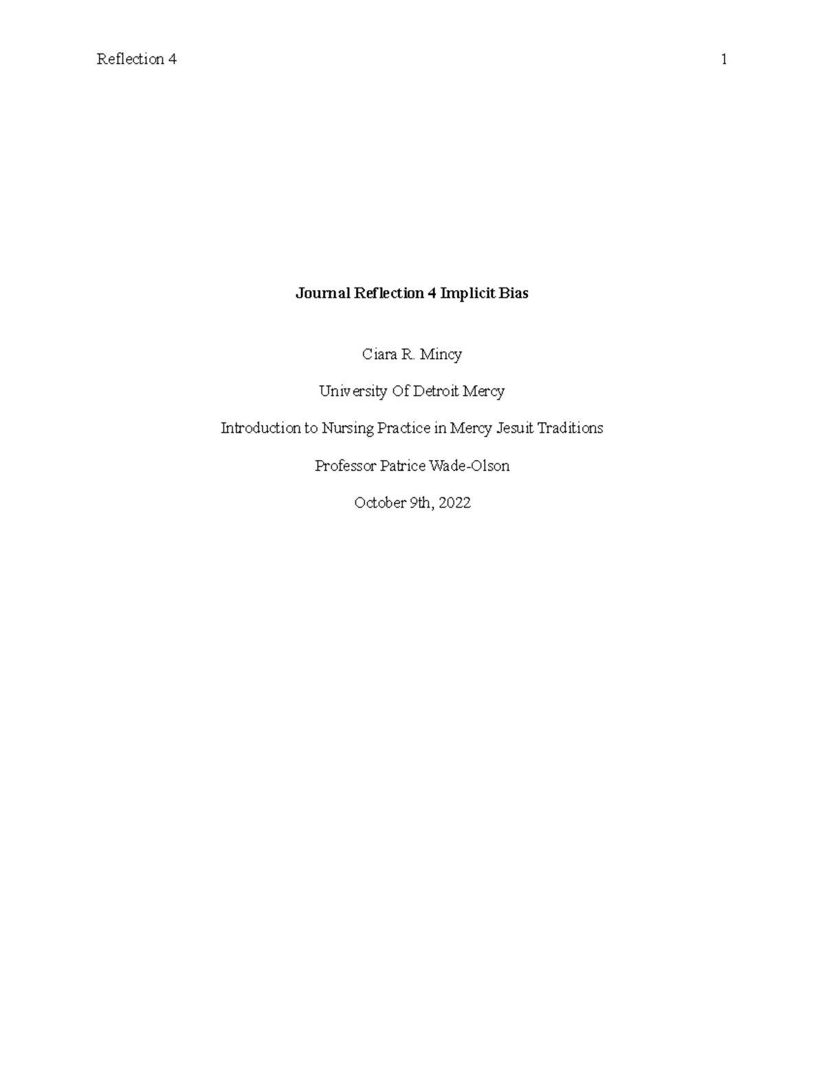 Report - post reflection - Journal Reflection 4 Implicit Bias Ciara R ...
