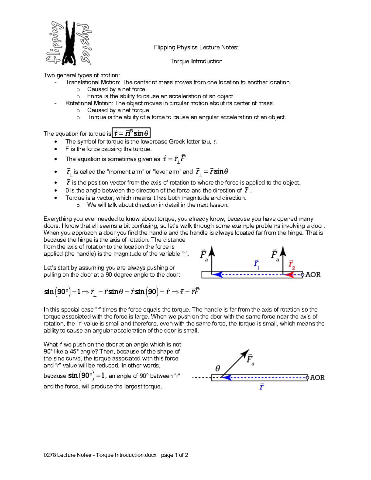 0278 lecture notes - torque introduction - 0278 Lecture Notes - Torque ...