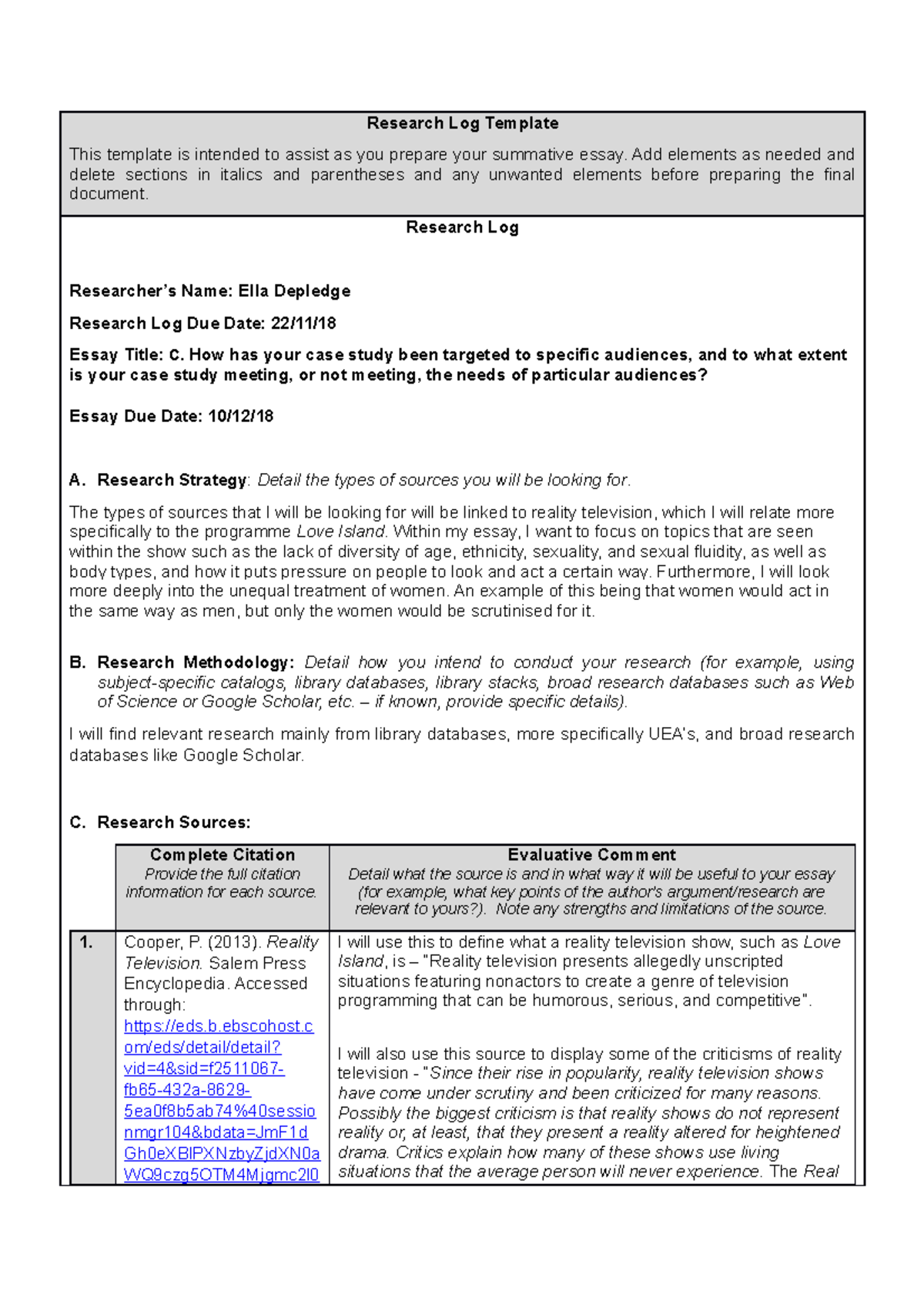 Creative Industries Essay Research Log - Research Log Template This ...