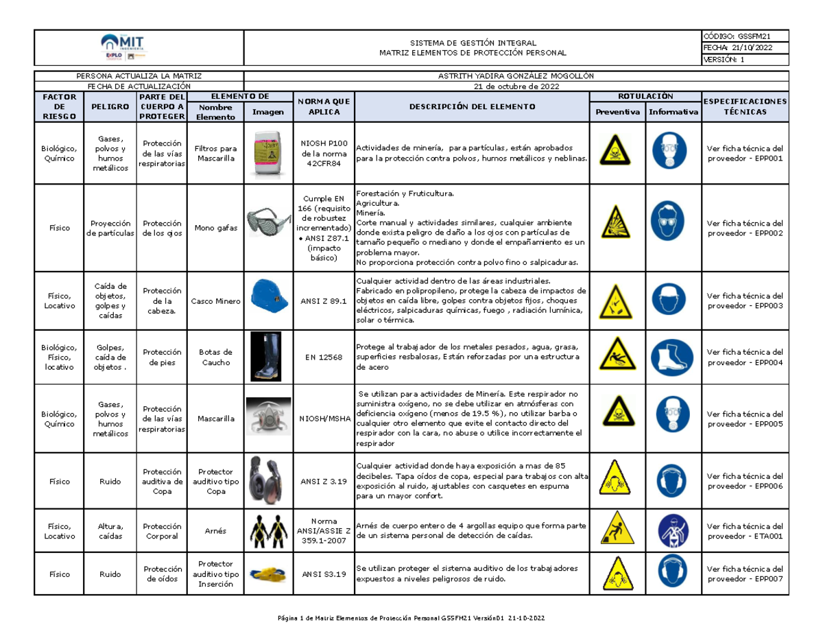 Matriz Elementos de Protección Personal Gssfm 21 Versión 01 21-10-2022 ...