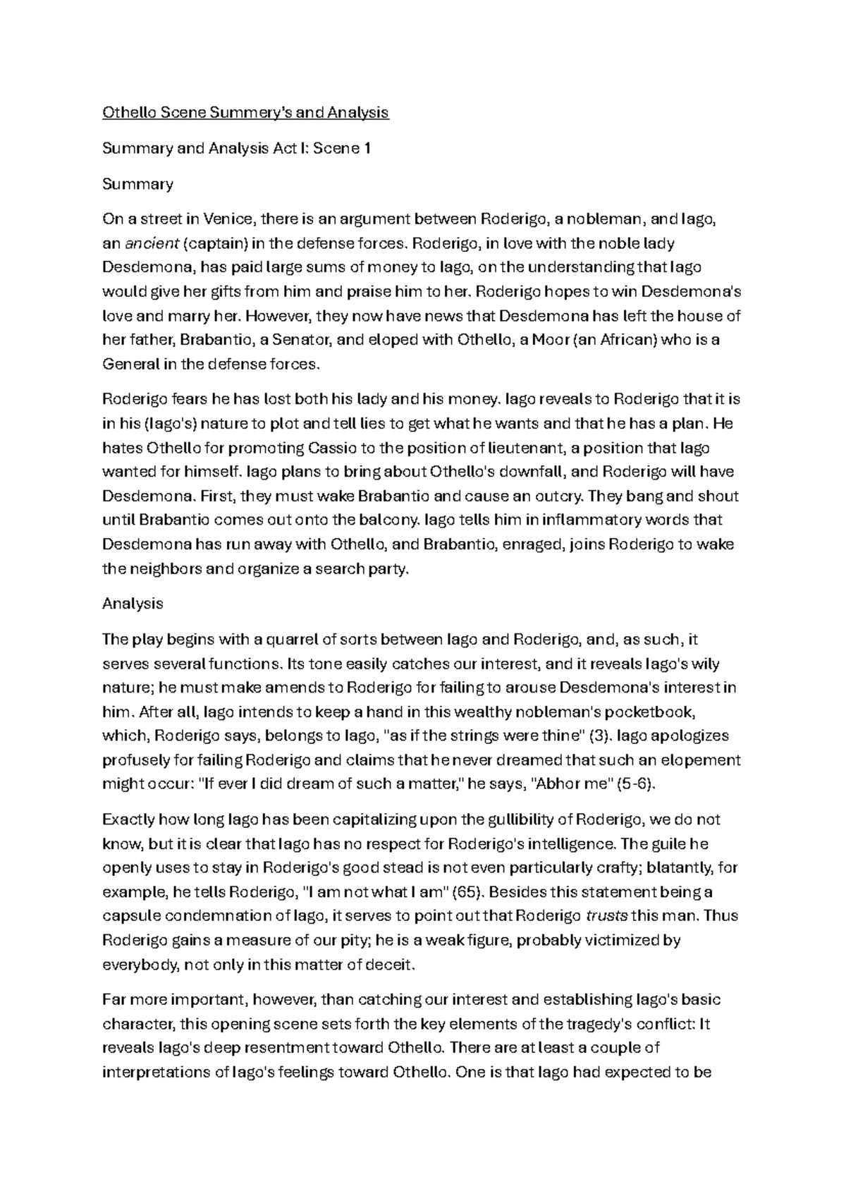 Othello Cliff Notes - Othello Scene Summery’s and Analysis Summary and ...