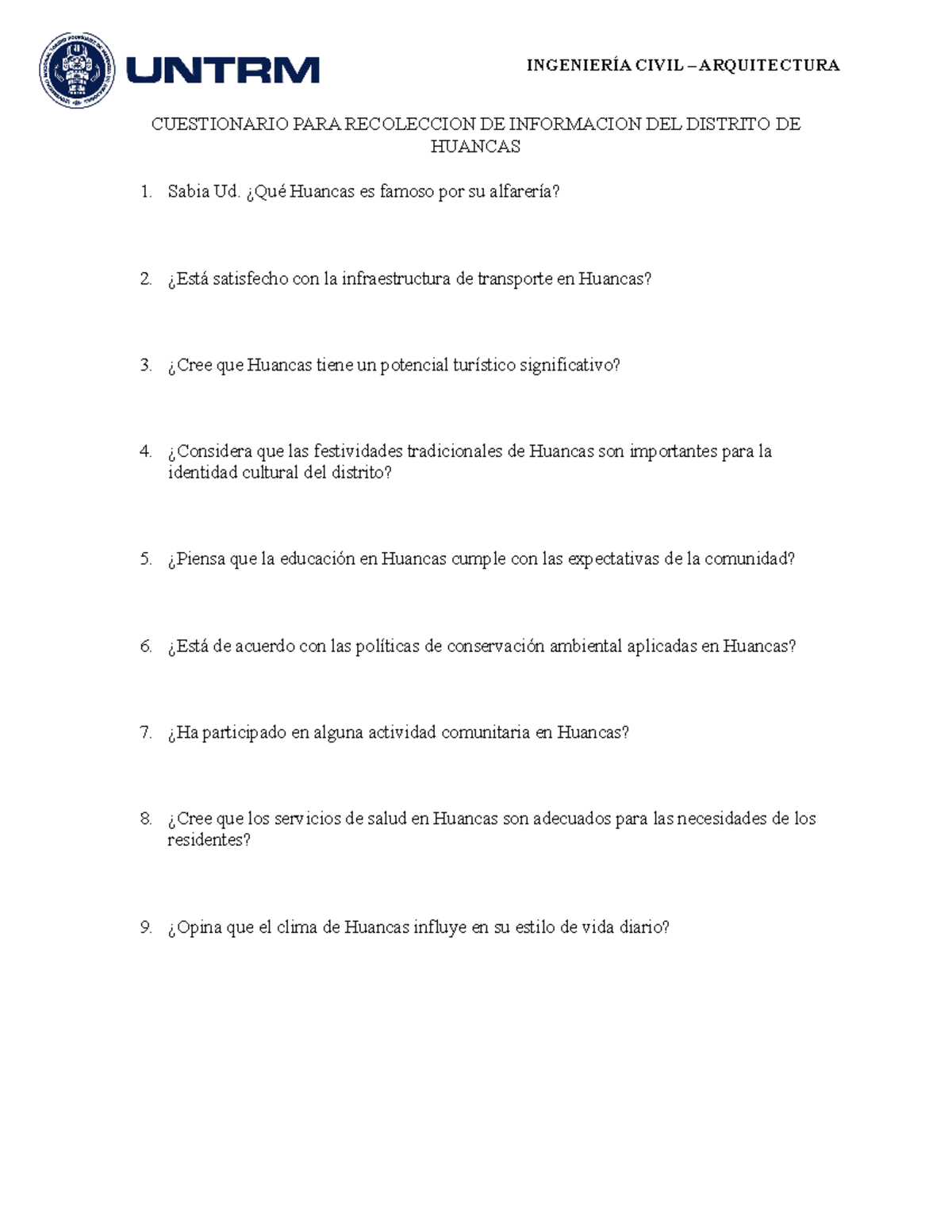 Cuestionario PARA Recoleccion DE Informacion DEL Distrito DE Huancas ...