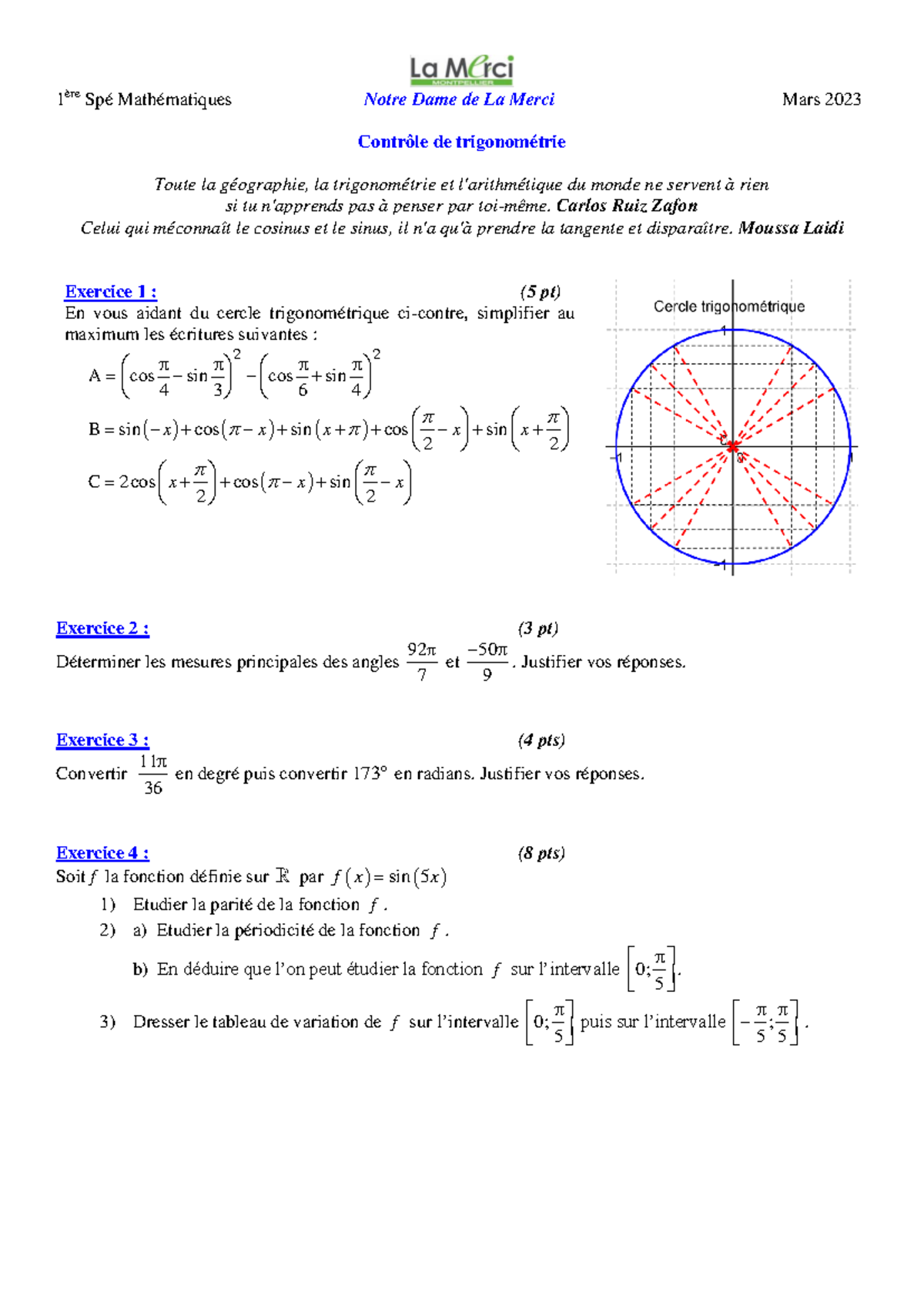 Contrôle sur la trigonométrie 2023 - Corrige (site) - 1 ère Spé ...