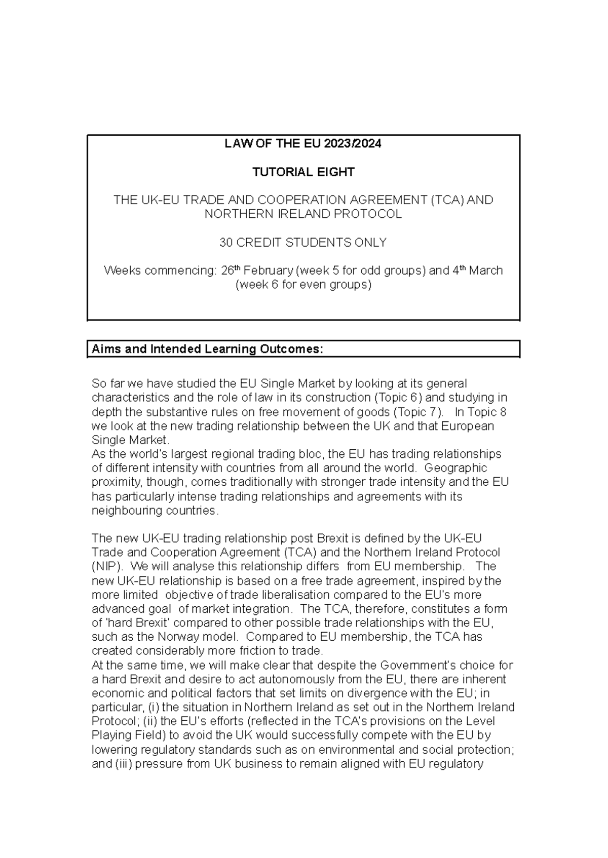 Tutorial 8 EU Law - LAW OF THE EU 2023/ TUTORIAL EIGHT THE UK-EU TRADE AND COOPERATION AGREEMENT ...