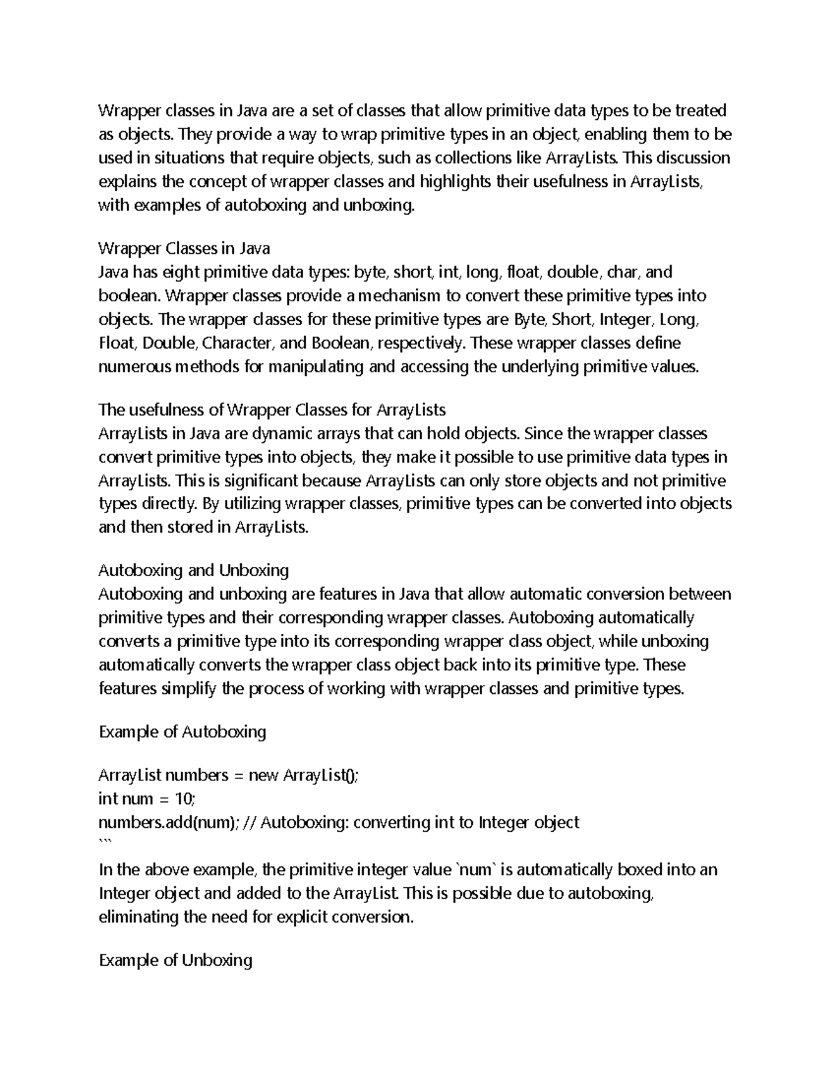 Discussion unit 7 1102 - Wrapper classes in Java are a set of classes that allow primitive data ...