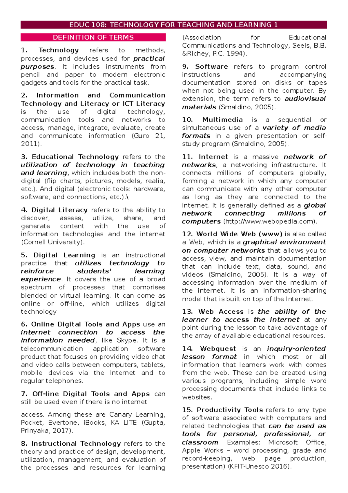 TTL1- Notes - EDUC 108: TECHNOLOGY FOR TEACHING AND LEARNING 1 ...