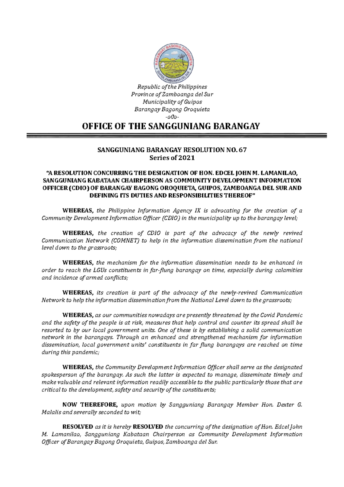 Resolution - HELLO - Republic of the Philippines Province of Zamboanga ...