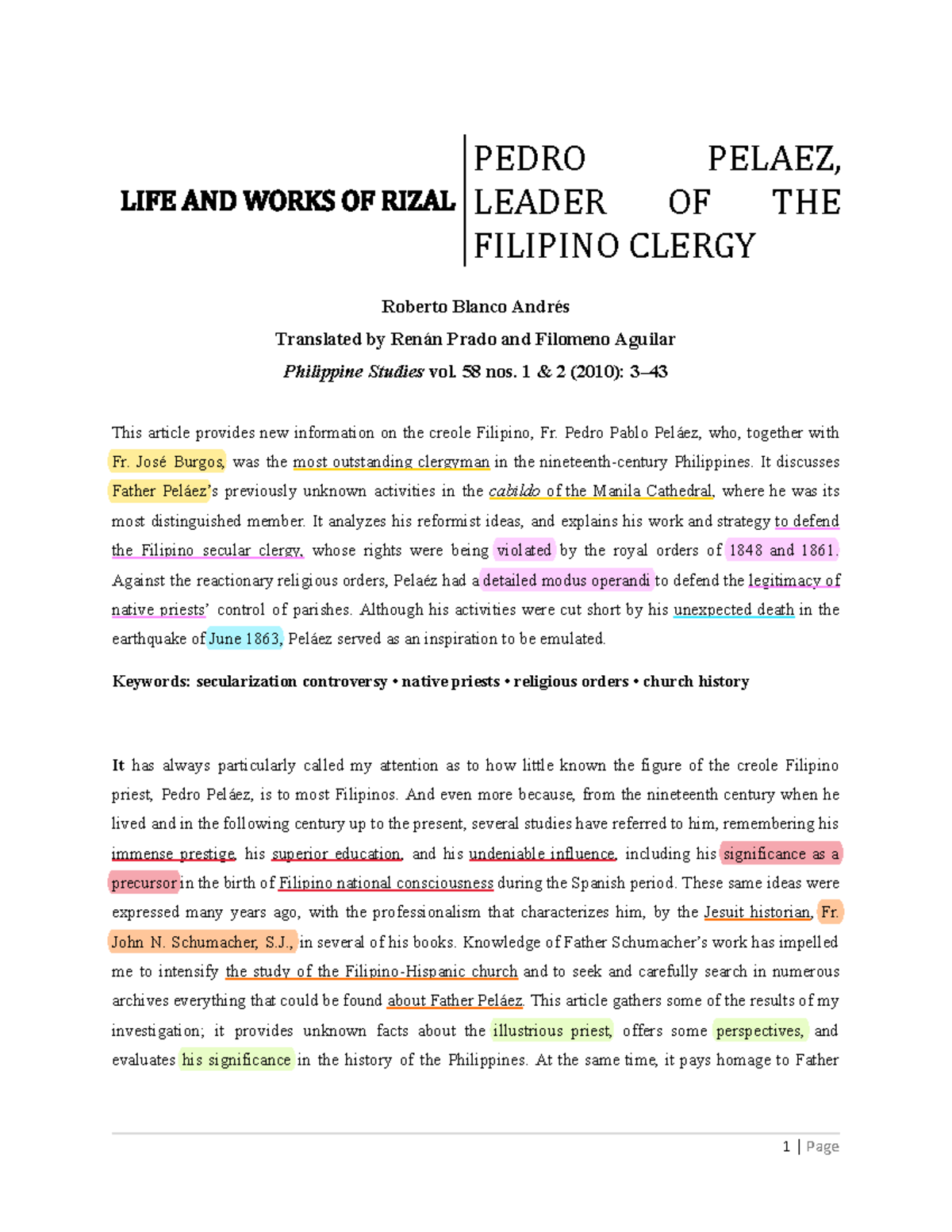 Pedro Pelaez, Leader of the Filipino Clergy - LIFE AND WORKS OF RIZAL ...