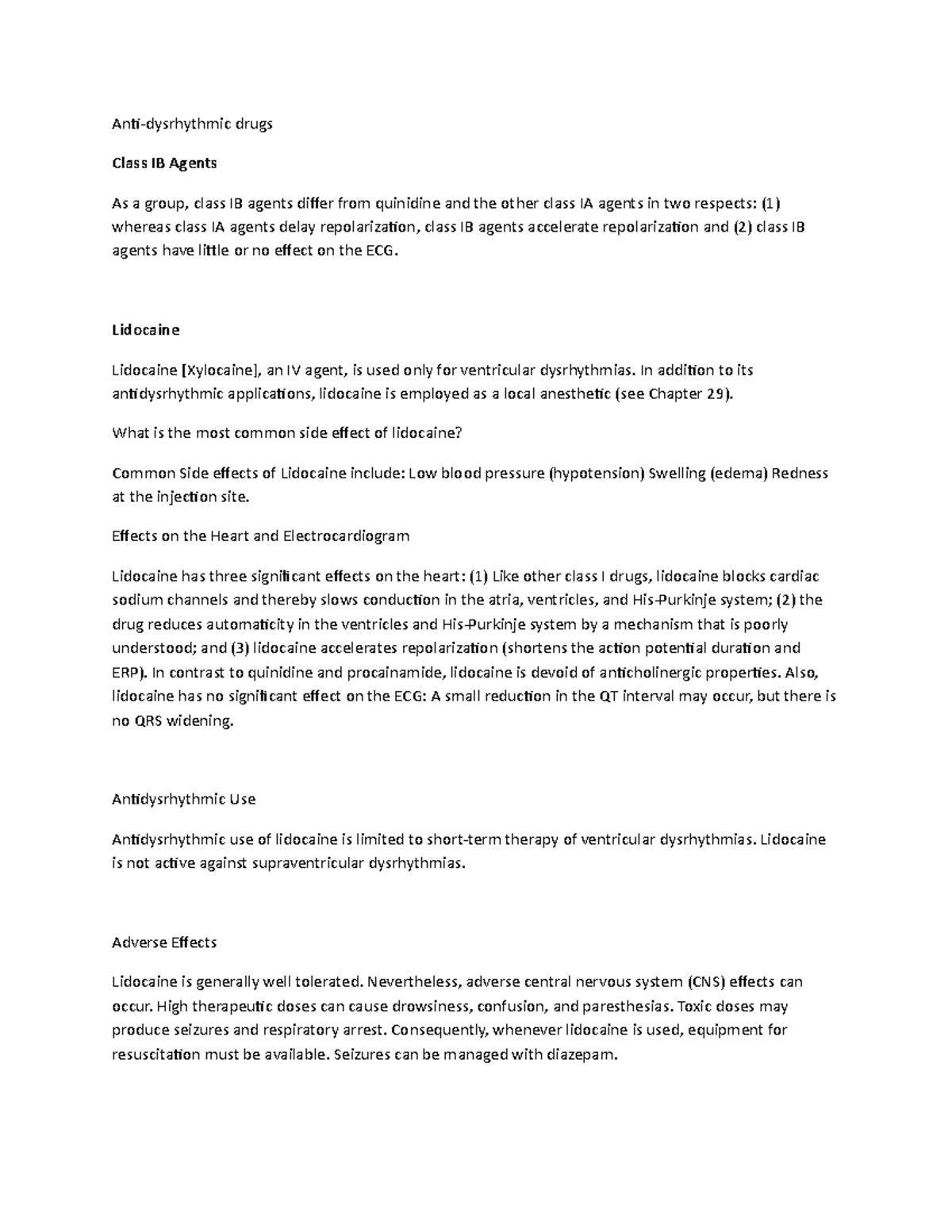 Lidocaine - med sheet - Anti-dysrhythmic drugs Class IB Agents As a ...