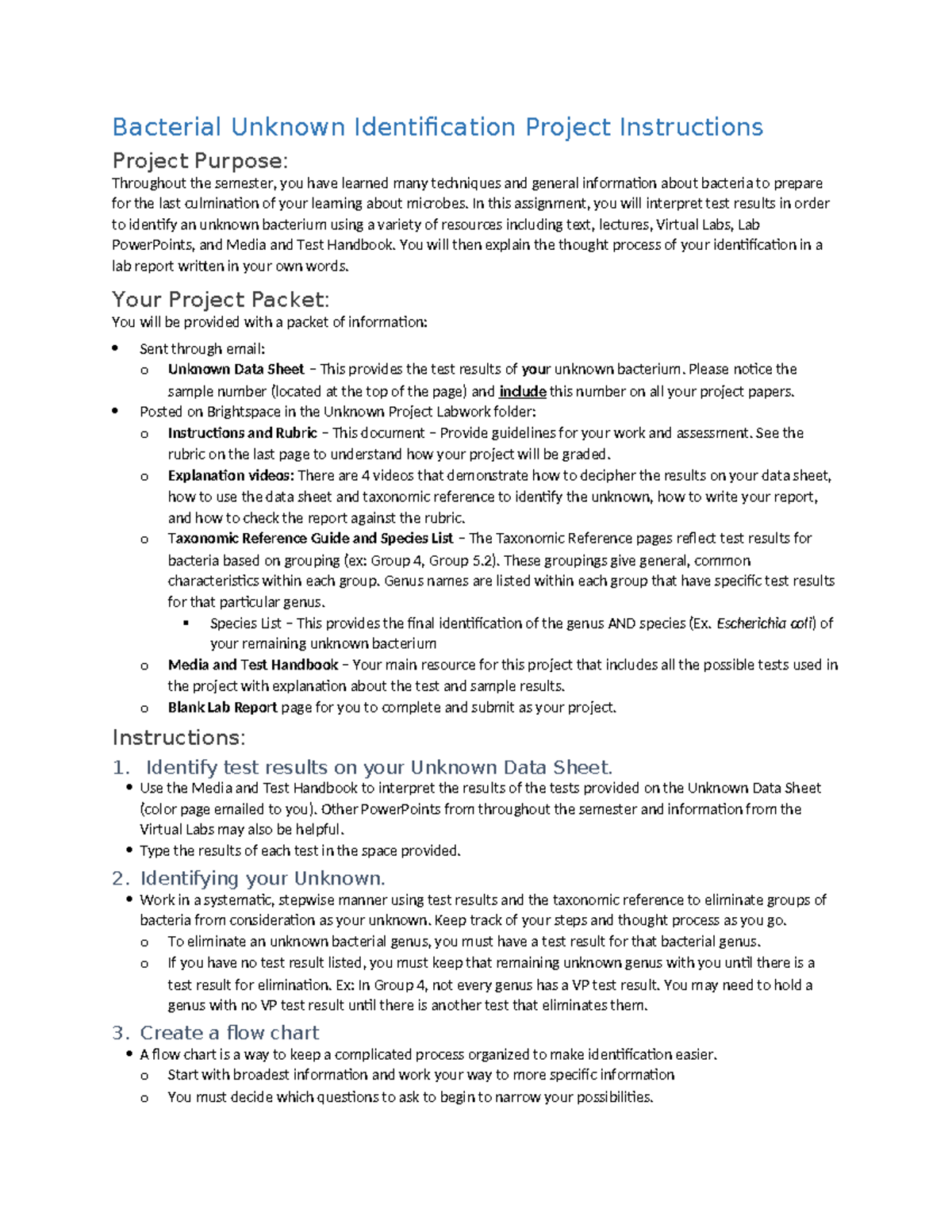Bacterial Unknown Project - Bacterial Unknown Identification Project Instructions Project ...