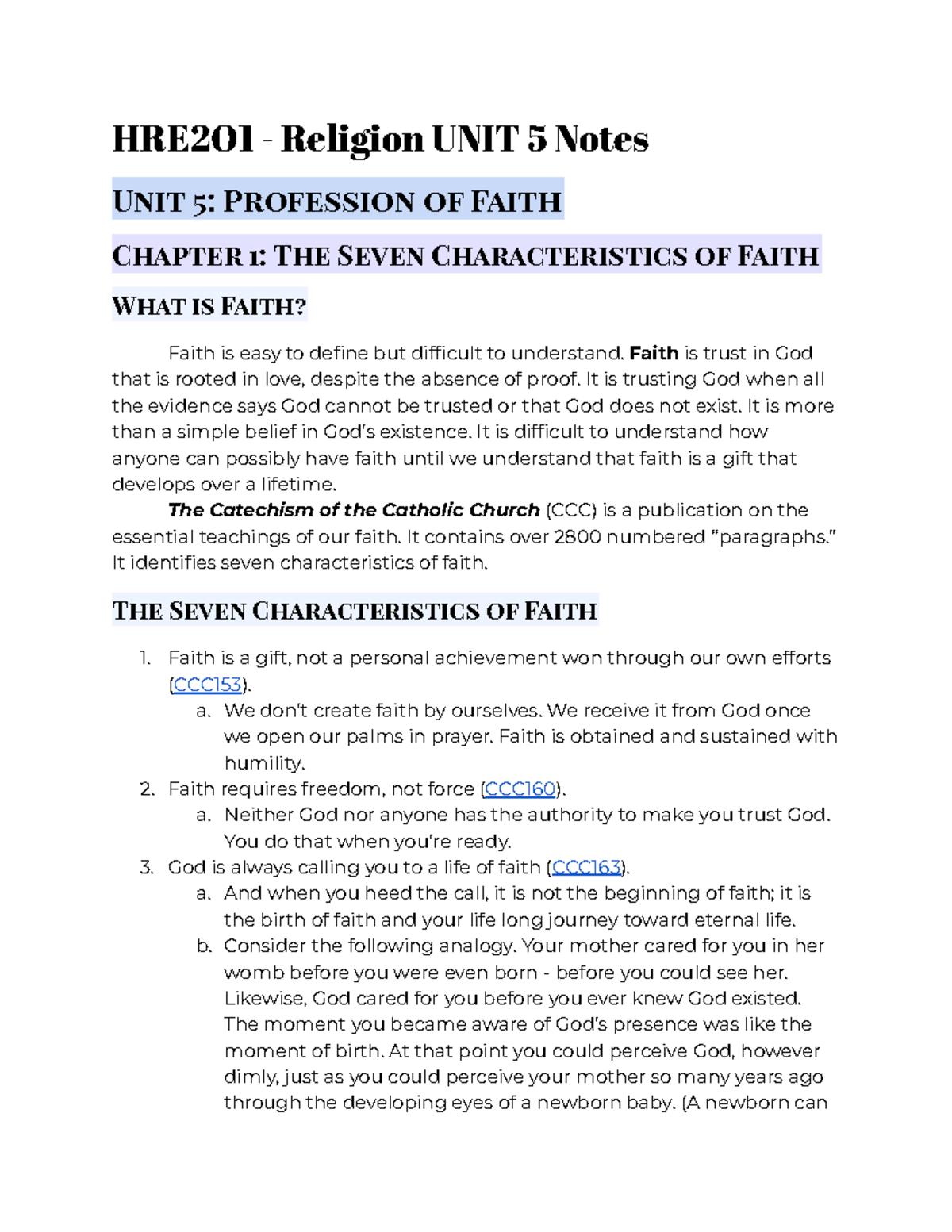 HRE2O1 - Religion UNIT 5 Notes - Faith is trust in God that is rooted ...