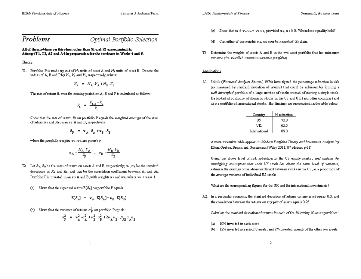 IB266 seminar 3 Qs - IB266 Fundamentals of Finance Seminar 3, Autumn ...