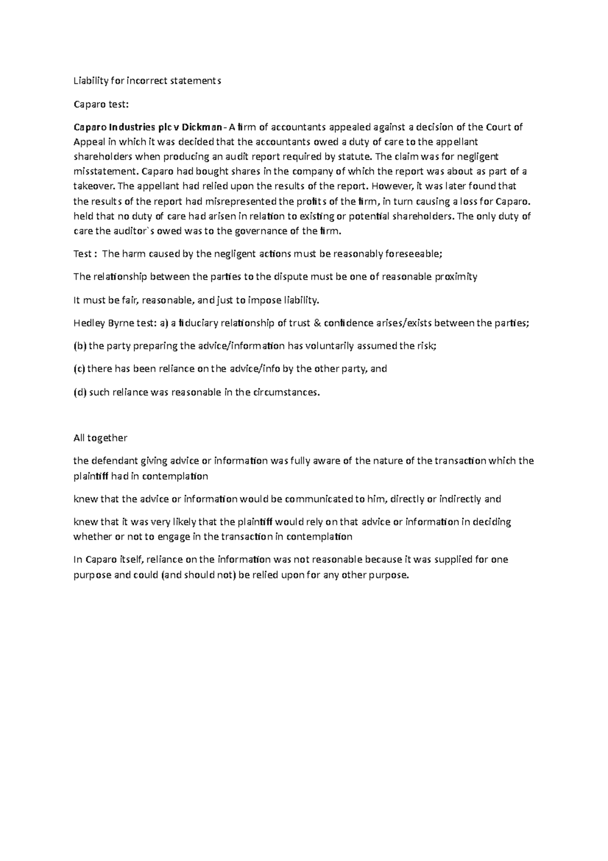 Torts Notes - Liability for incorrect statements Caparo test: Caparo ...
