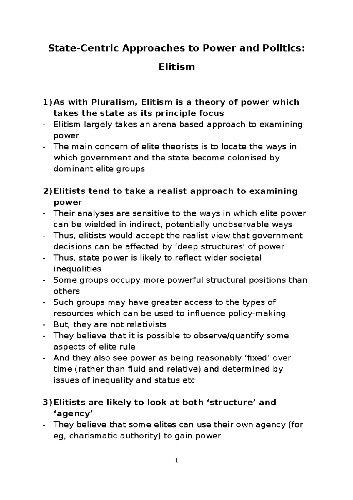 Elitism - Lecture notes 1 - State-Centric Approaches to Power and ...