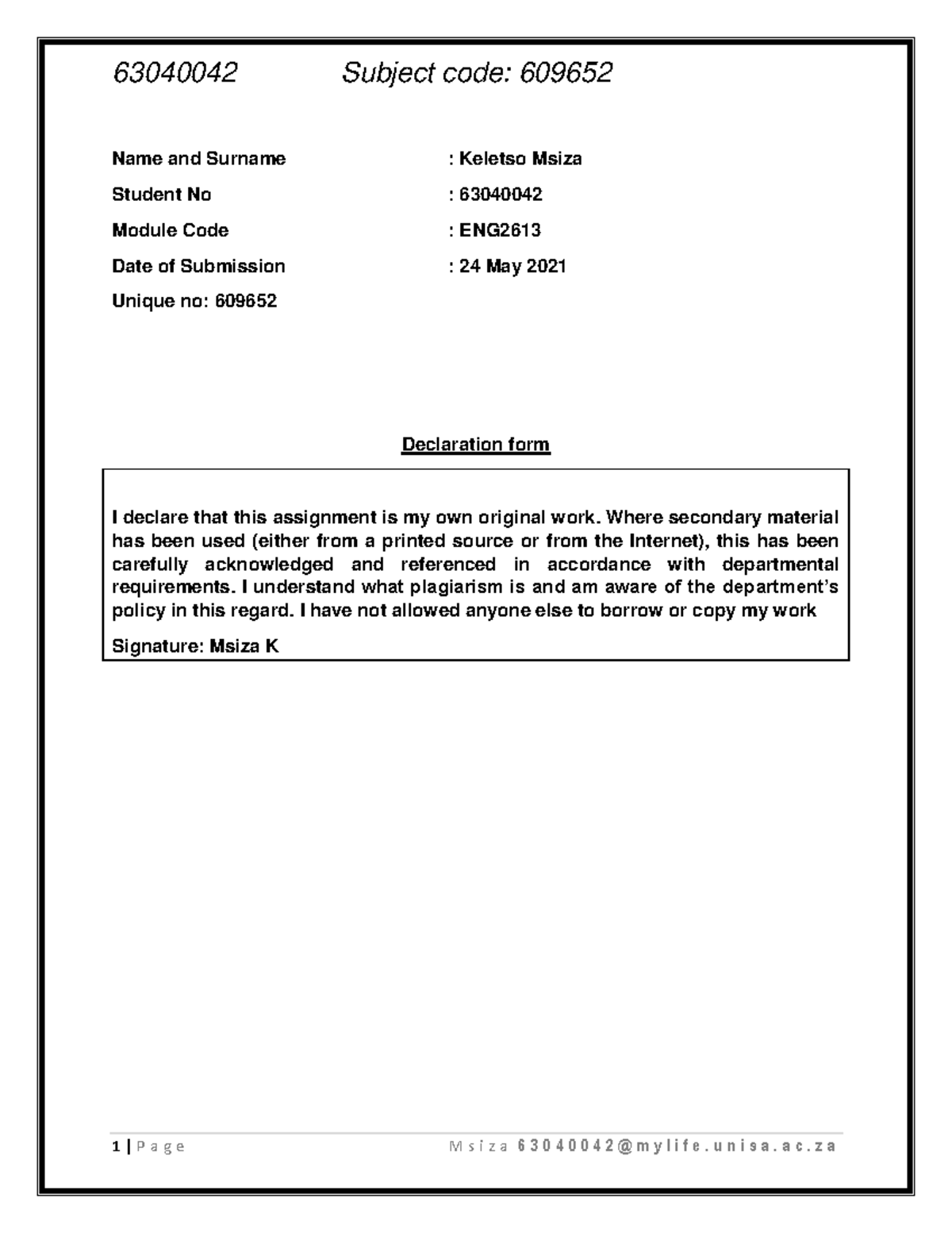 Assignment 1 63040042 - eng2613 ass1 - Name and Surname : Keletso Msiza Student No : 63040042 ...