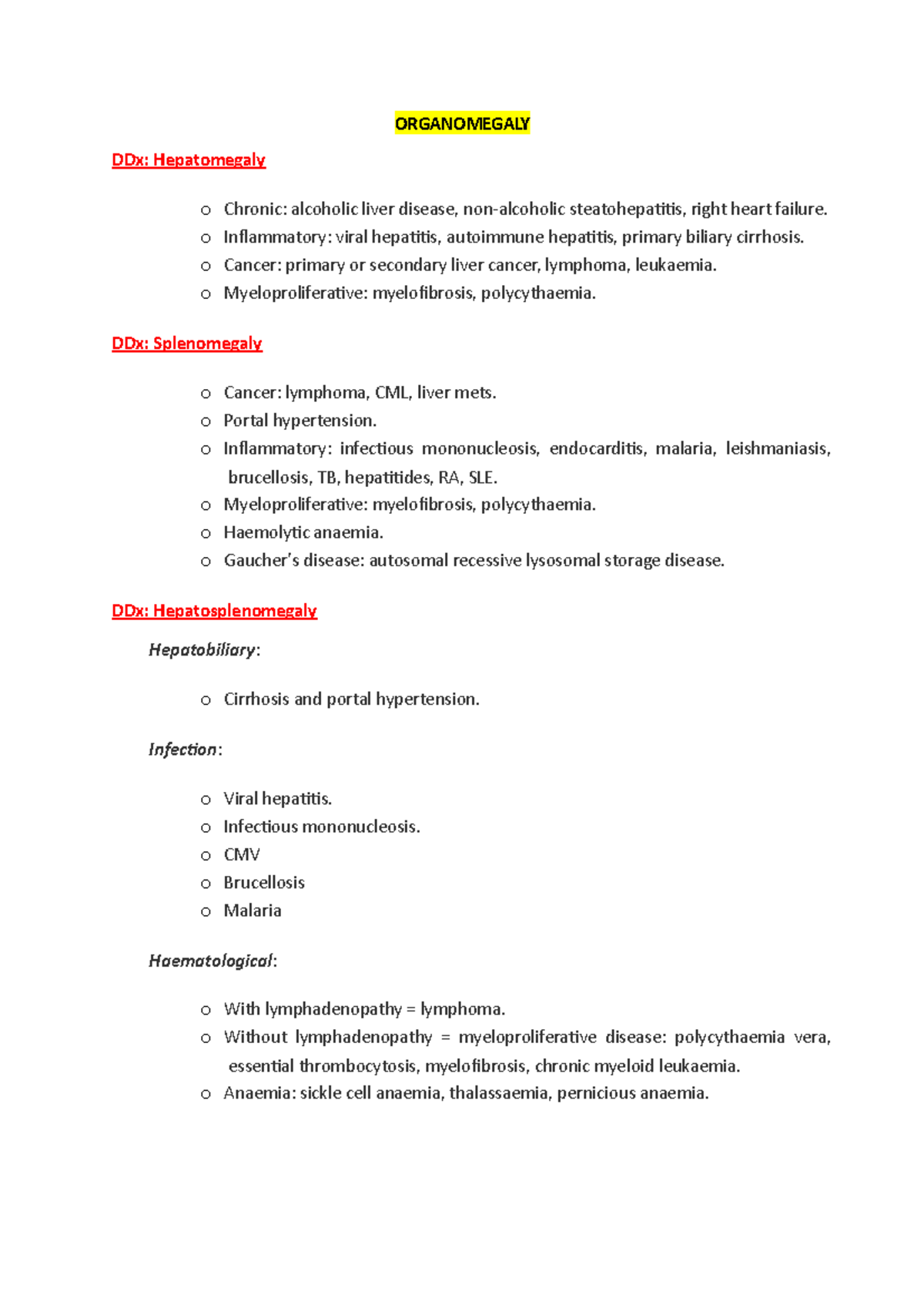 Organomegaly - Lecture notes 1 - ORGANOMEGALY DDx: Hepatomegaly o ...