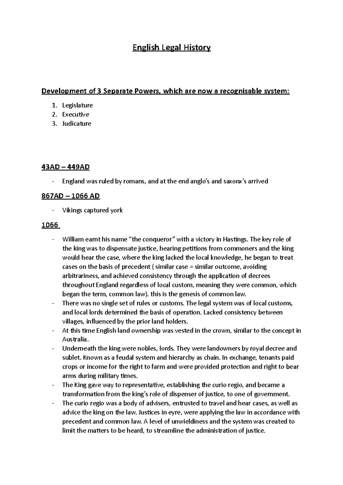 English Legal History Notes - English Legal History Development of 3 ...
