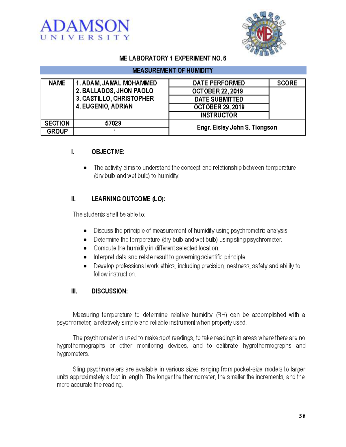 Ilide - ME LAB humidity - ME LABORATORY 1 EXPERIMENT NO. 6 MEASUREMENT OF HUMIDITY NAME 1. ADAM ...