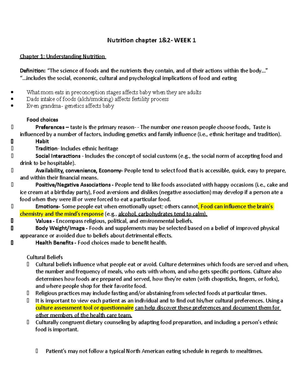 Nutrition Week 1 Notes - Nutrition chapter 1&2- WEEK 1 Chapter 1 ...