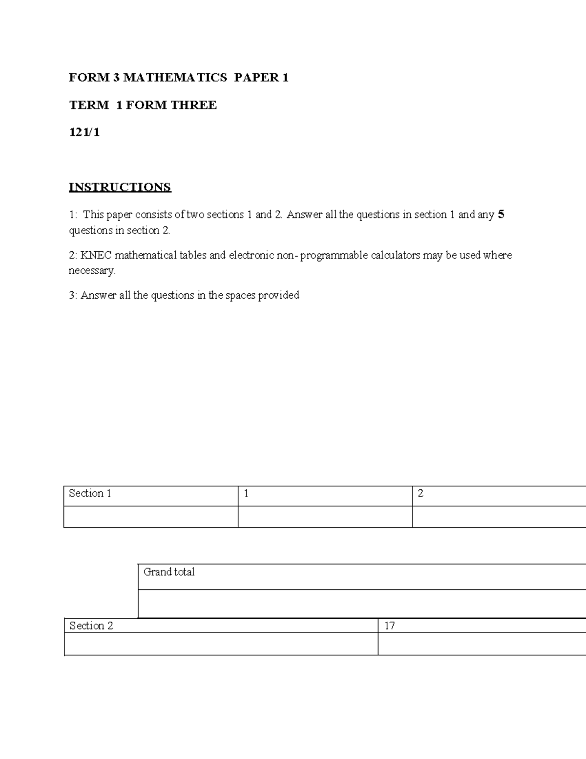 Mathematics FORM 3 paper 1 - FORM 3 MATHEMATICS PAPER 1 TERM 1 FORM ...