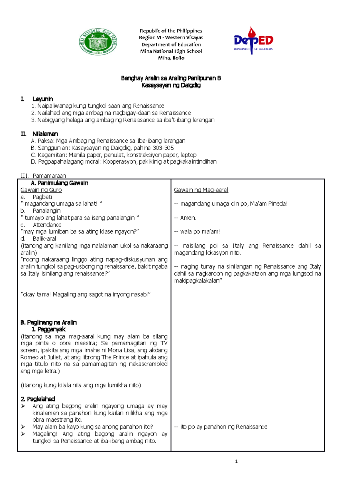 Banghay Aralin sa Araling Panlipunan 8 - Region VI - Western Visayas ...