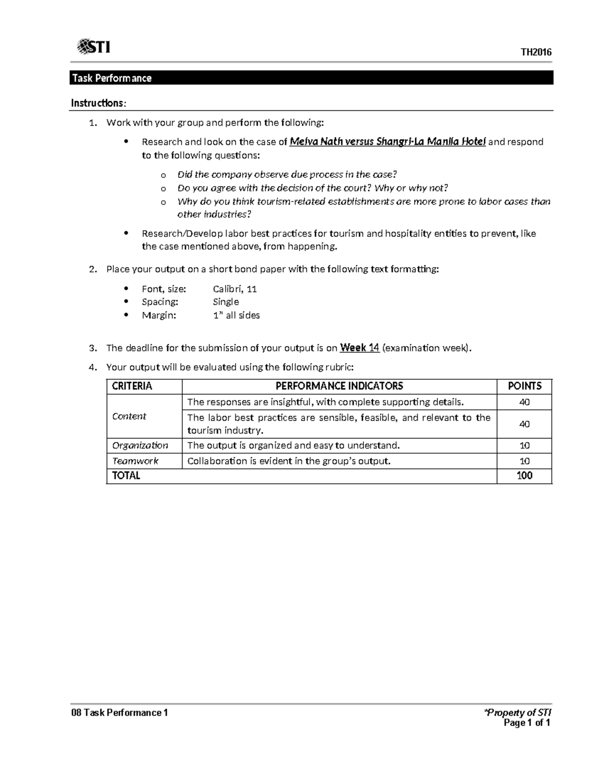 08 Task Performance 1 - TH Task Performance Instructions: 1. Work with ...