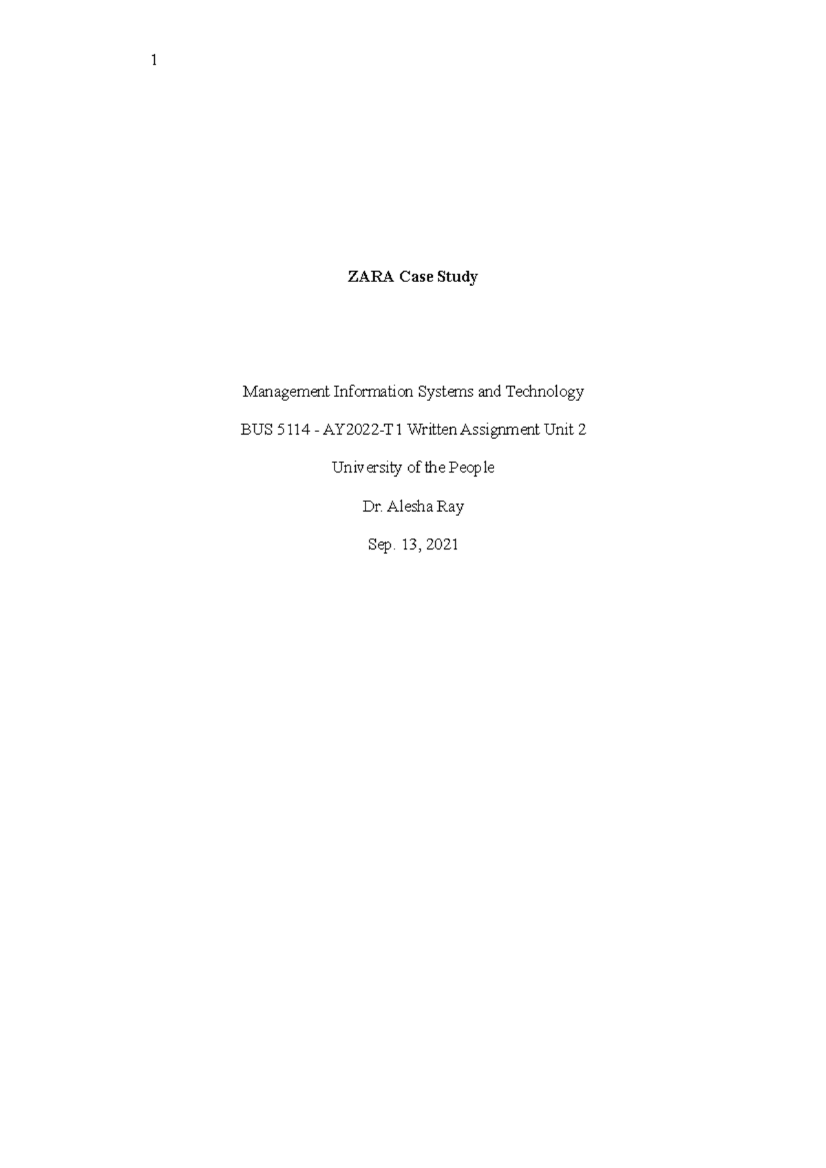Written Assignment Unit 2 Draft 2 - ZARA Case Study Management Information Systems and ...