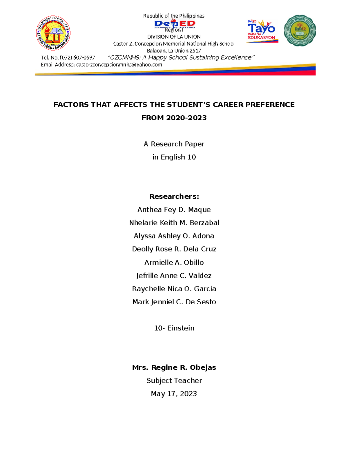 Title-page-1 - Research - Republic of the Philippines Region I DIVISION ...