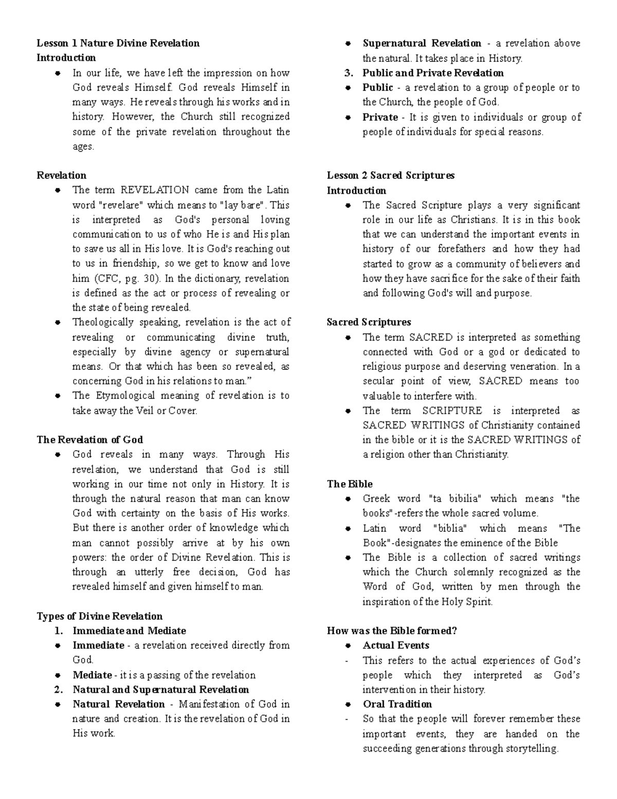 Fcl prelim reviewer - krotmmc - Lesson 1 Nature Divine Revelation Introduction In our life, we ...
