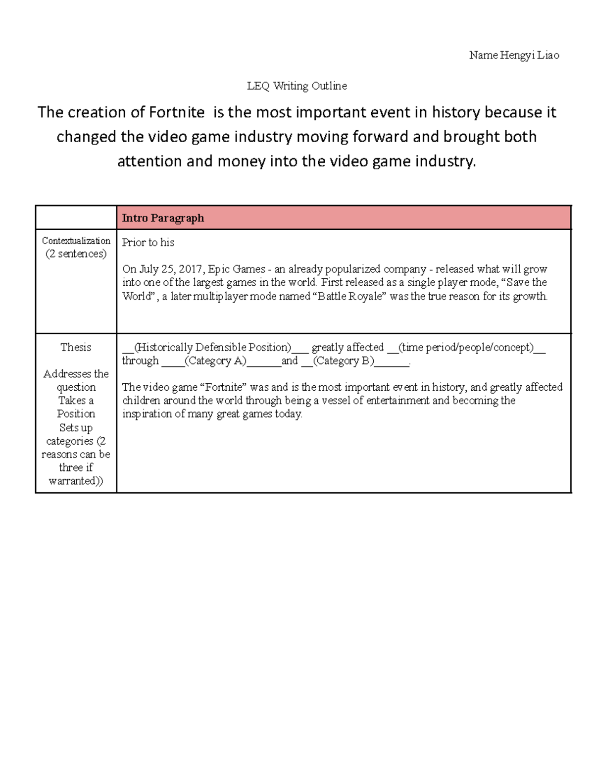 Day One LEQ Writing Outline - Name Hengyi Liao LEQ Writing Outline The ...