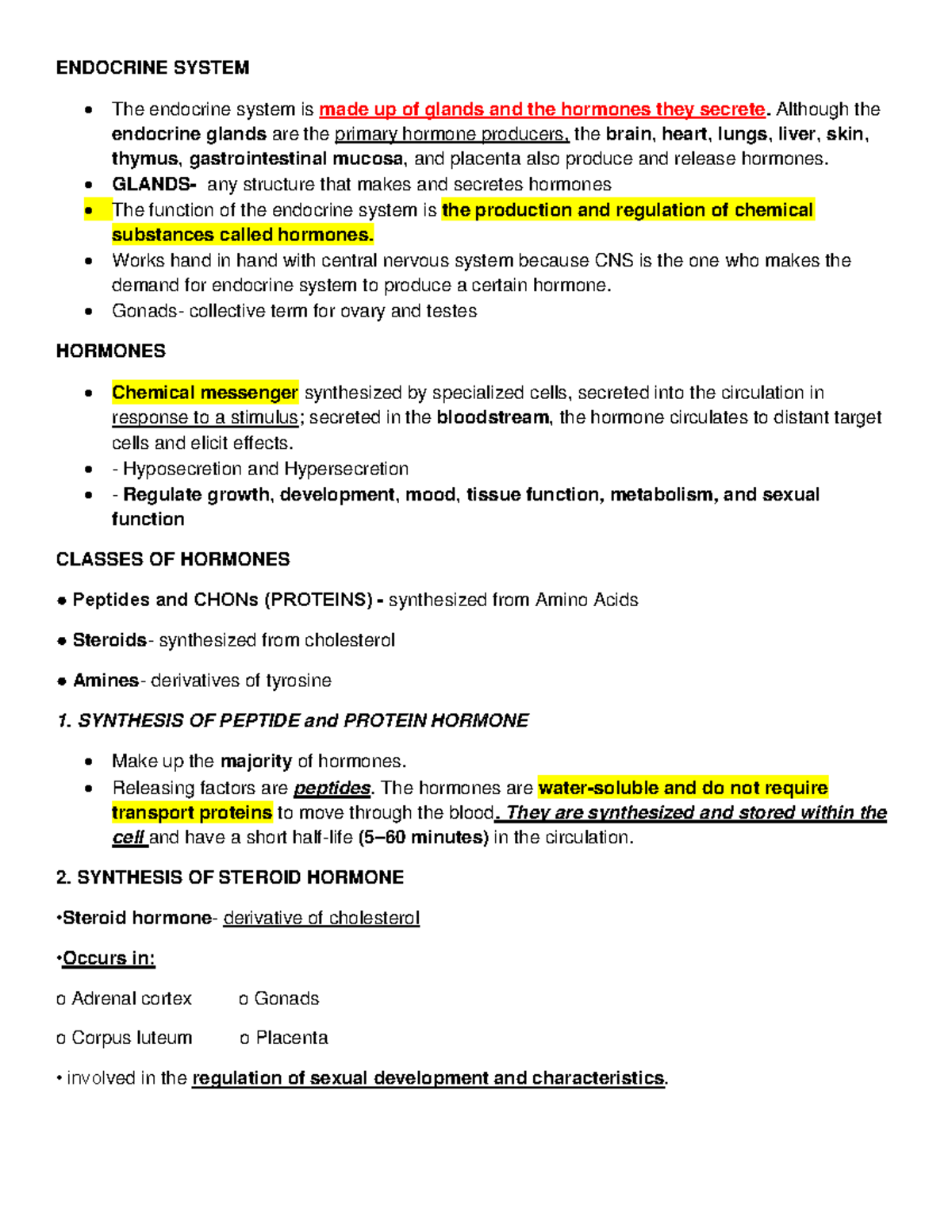 Biochem lab reviewer - Lecture notes about hormones - ENDOCRINE SYSTEM ...