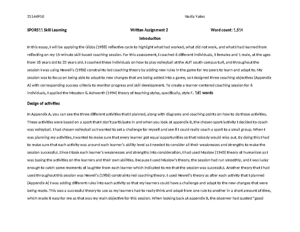 Written Assessment 2 - SPOR511 Skill Learning Written Assignment 2 Word count: 1, Introduction ...