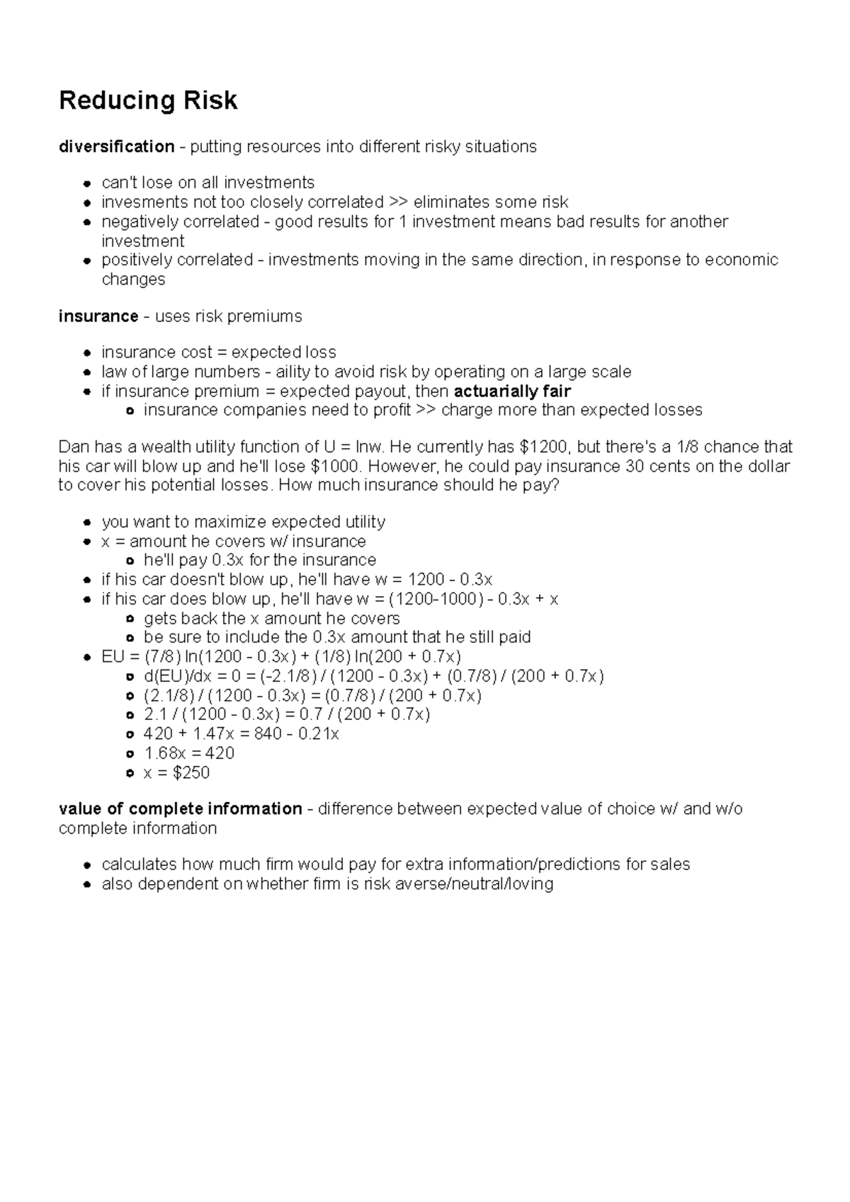 Reducing Risk -diversification -insurance -value of complete ...