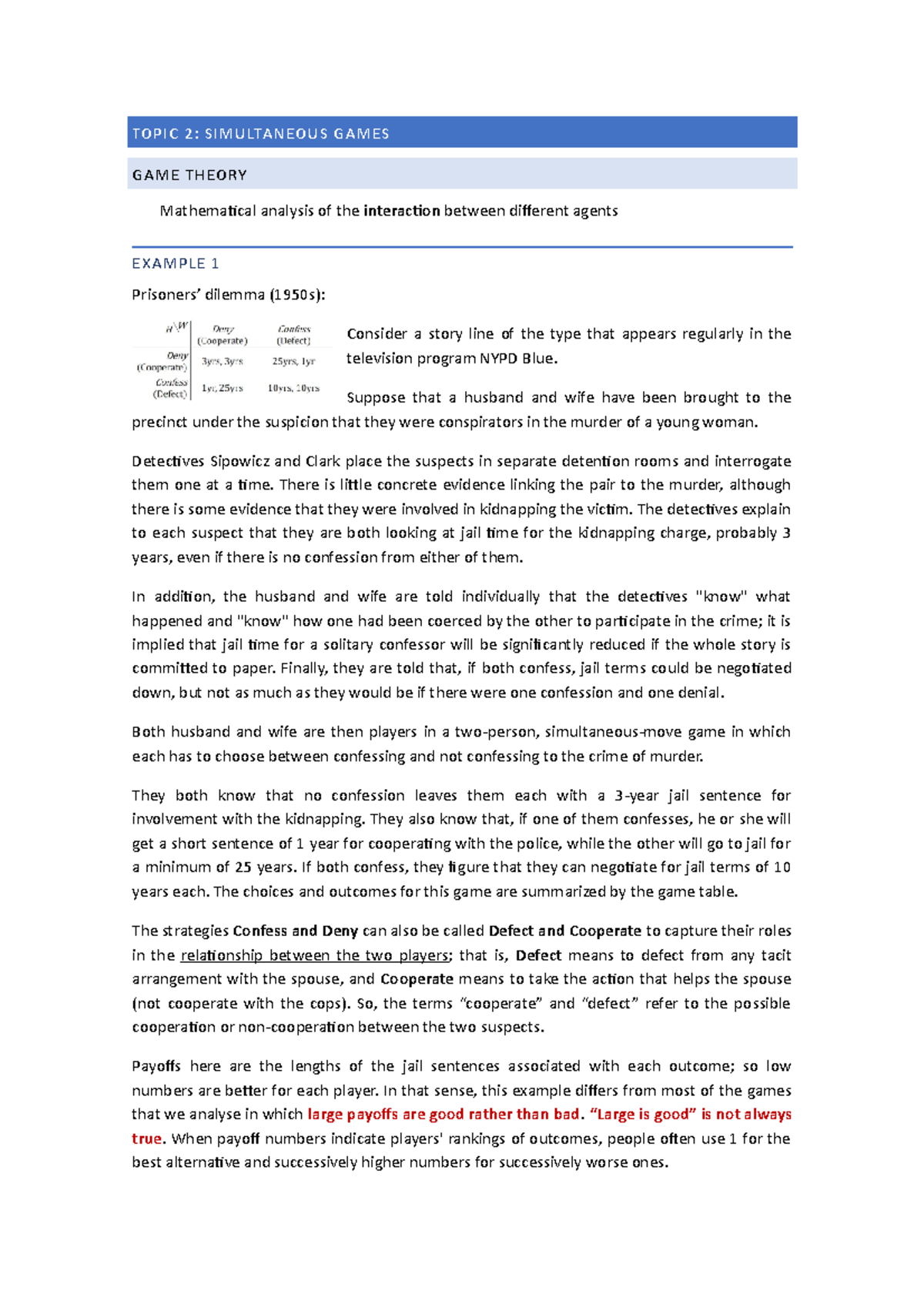 Introduction TO GAME Theory - topic 2 - TOPIC 2: SIMULTANEOUS GAMES ...