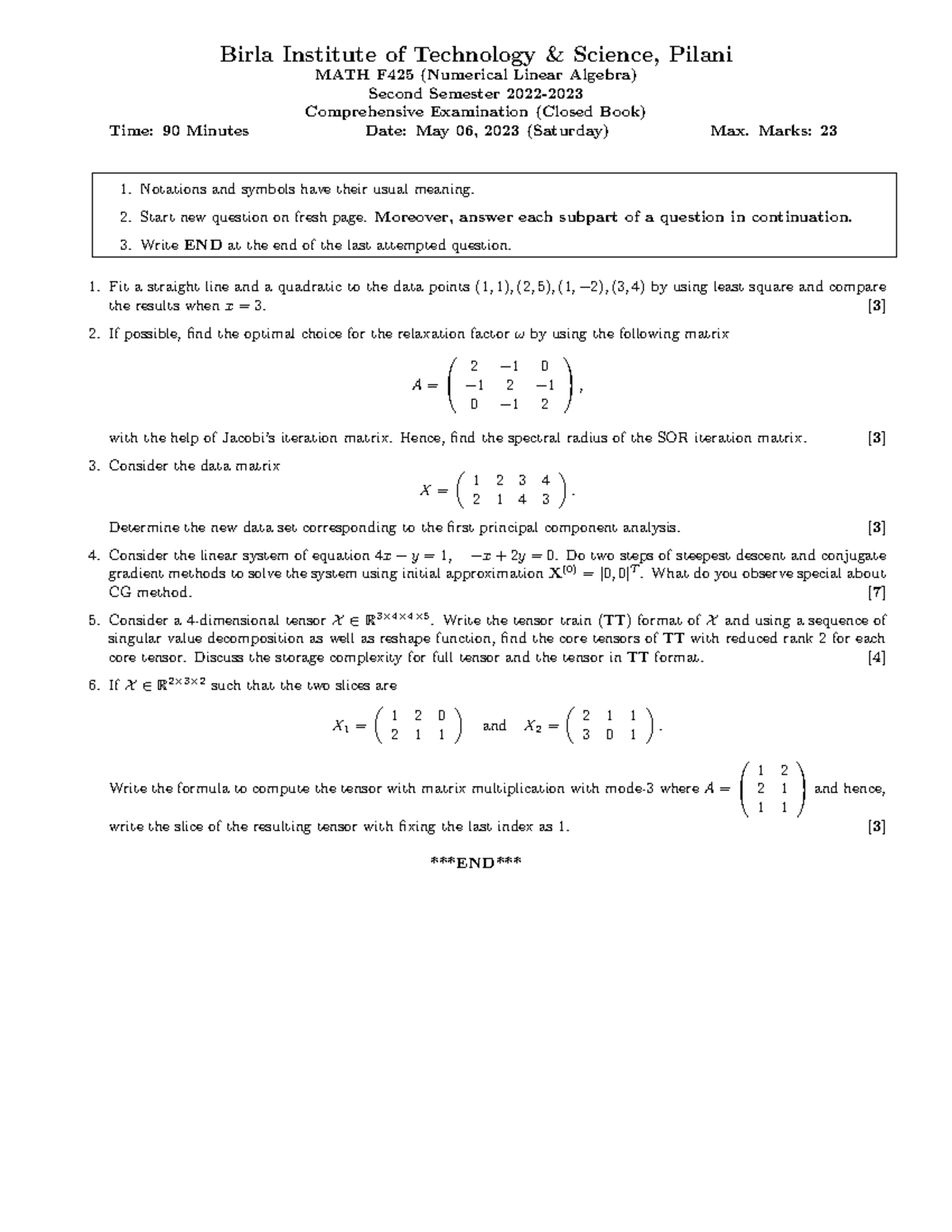 Compre-CB OB - Birla Institute of Technology & Science, Pilani MATH F425 (Numerical Linear - Studocu
