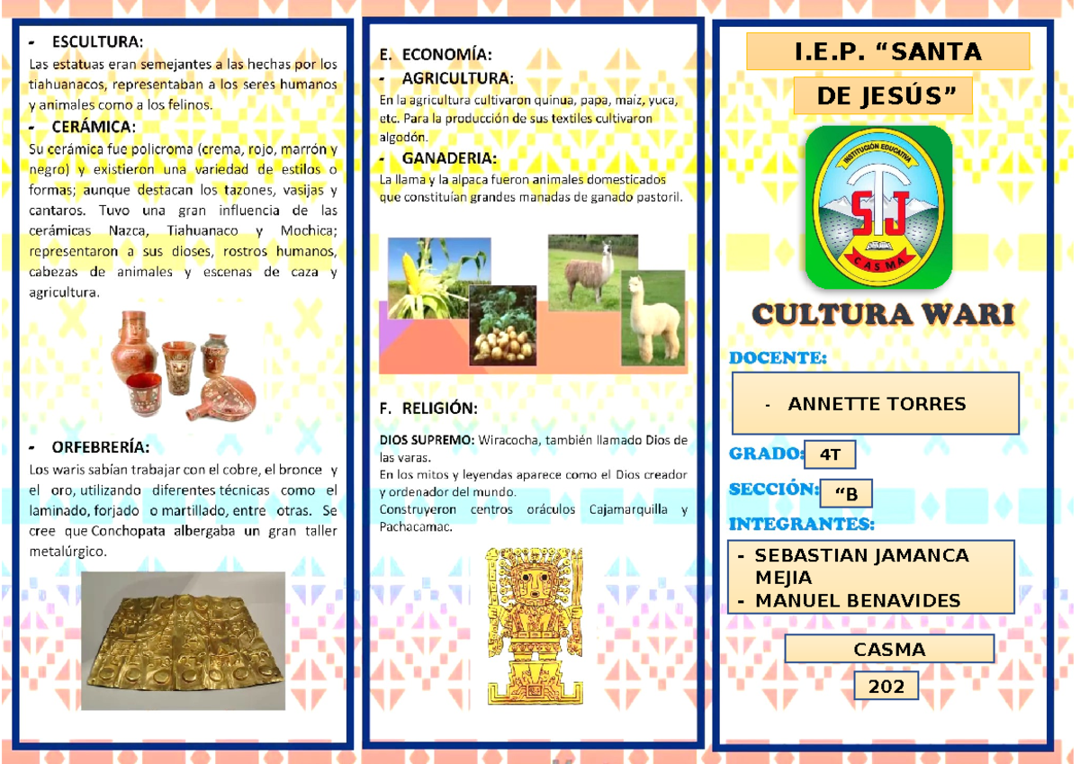 Triptico wari - descropcion de la cultura - arte y cultura - I.E. “SANTA DE JESÚS” - SEBASTIAN ...