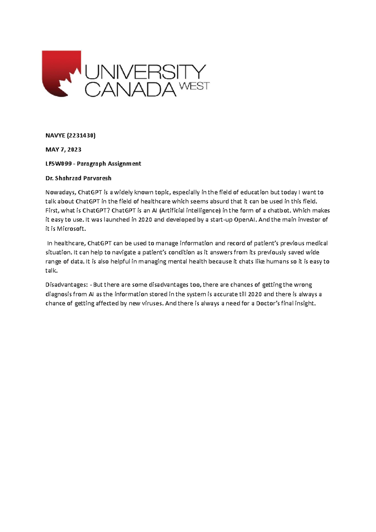 Lfsw 4 - Week 4 - LFSW 099 - UCW - Studocu