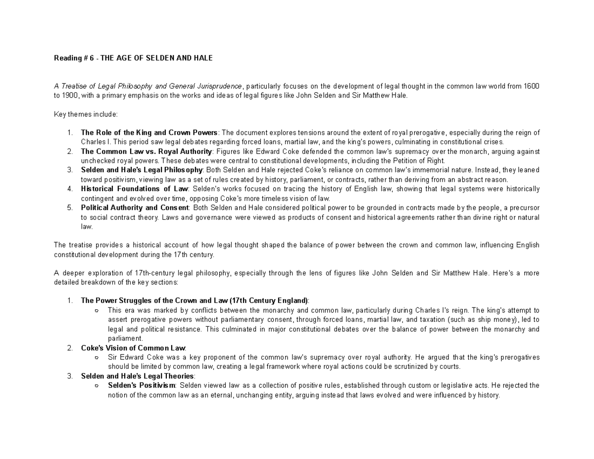 Philaw Readings - Reading # 6 - THE AGE OF SELDEN AND HALE A Treatise of Legal Philosophy and ...
