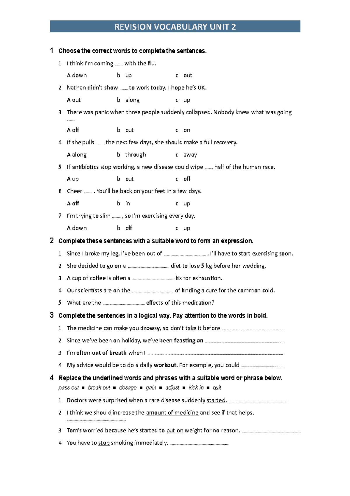 Revision vocabulary unit 2 - REVISION VOCABULARY UNIT 2 1 Choose the ...
