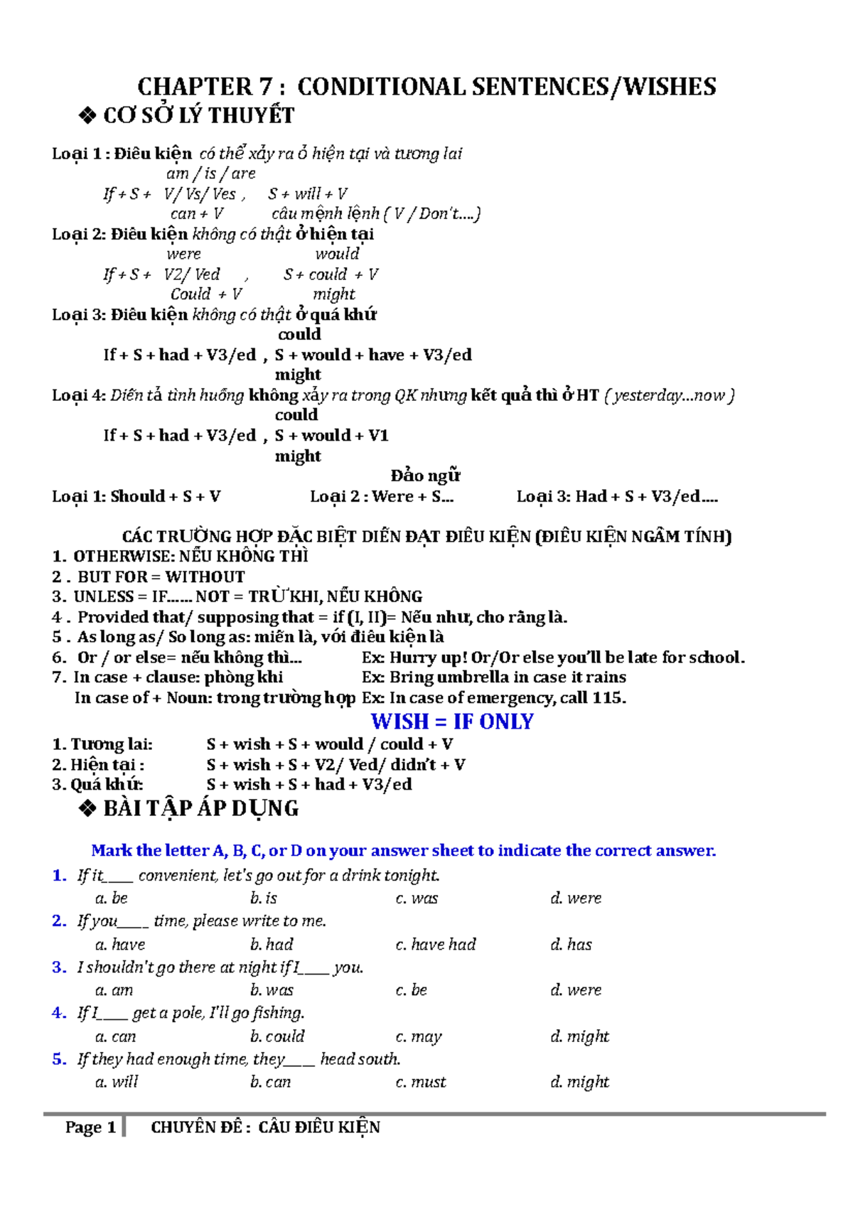 ChuyêN ĐỀ 7(CÂU ĐIỀU KIỆN) - CHAPTER 7 : CONDITIONAL SENTENCES/WISHES C S LÝ THUYẾẾTƠỞ Lo - Studocu