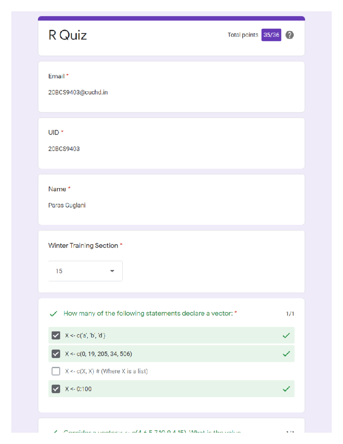 R quiz final feedback - Masters of science (Data Science) - Studocu
