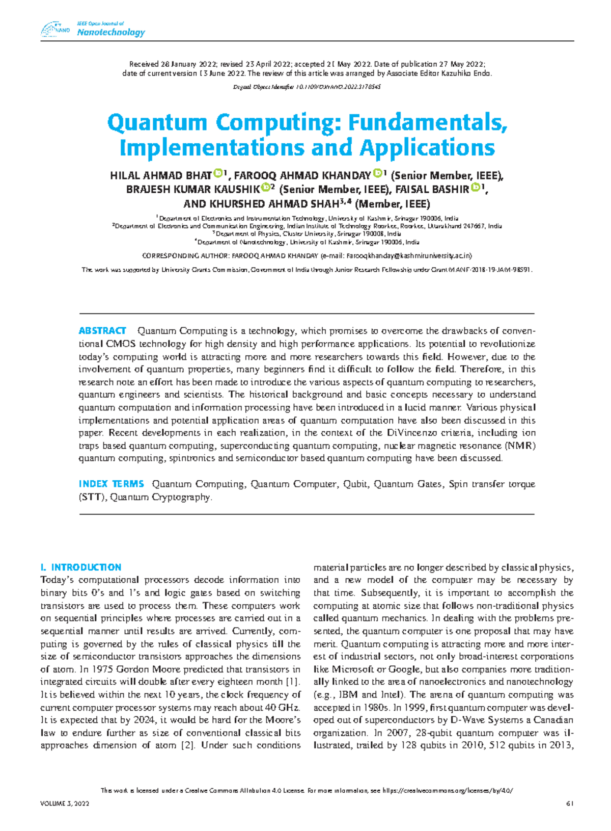 Quantum Computing Fundamentals Implementations and Applications - Received 28 January 2022 ...