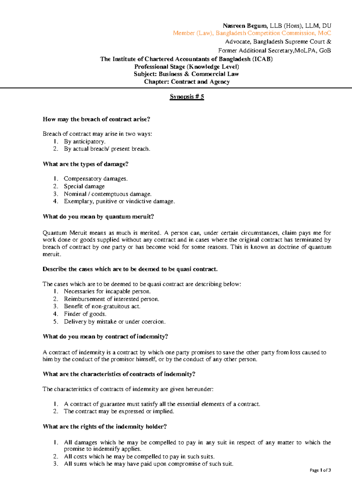 Synopsis-5( Chapter-1. Contract and Agency) 3 - Nasreen Begum, LLB ...