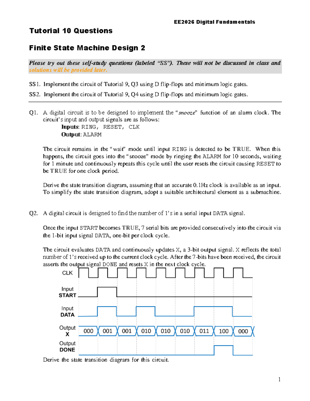 EE2026 Tutorial-10 (wk11) - EE202 6 Digital Fundamentals 1 Tutorial 10 ...