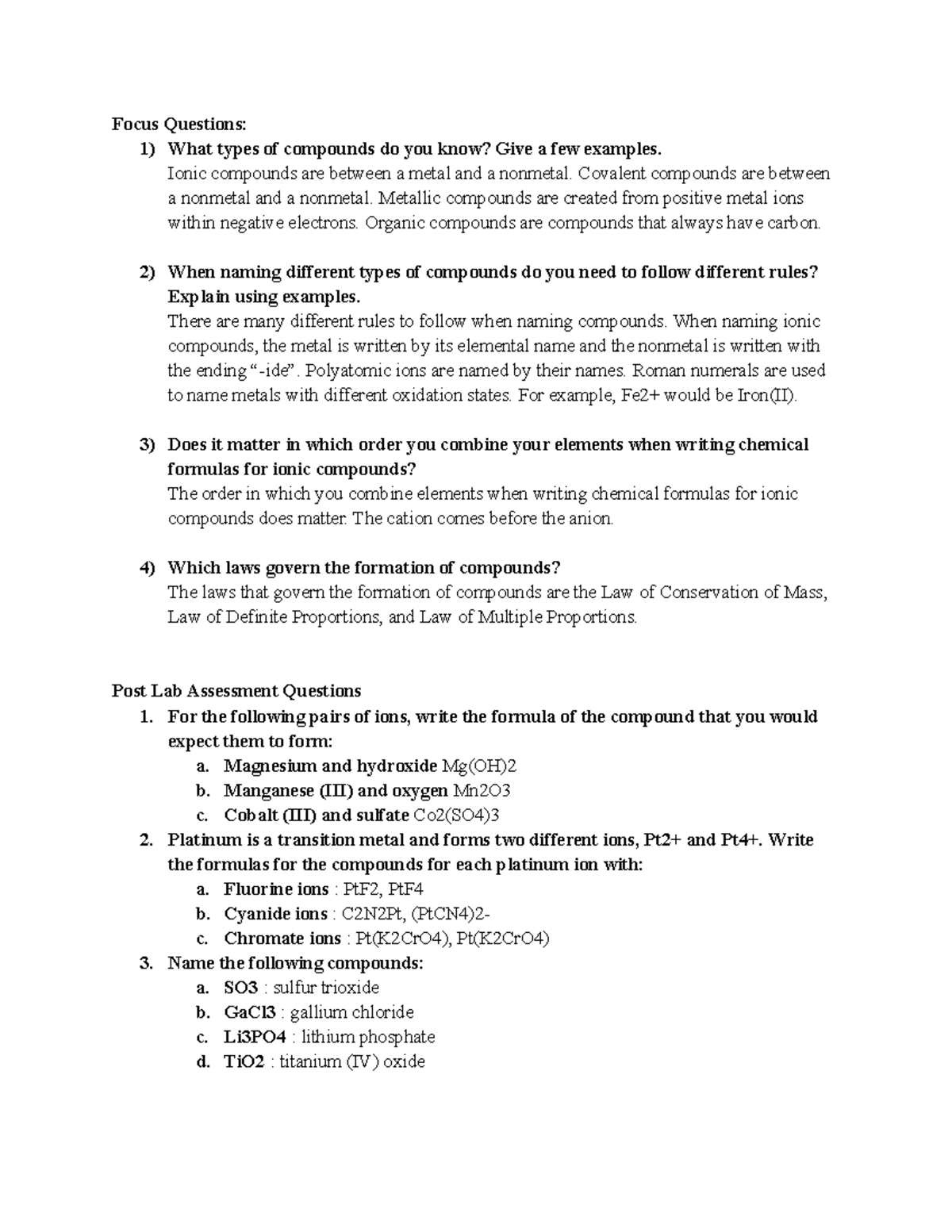 CHEM106 Lab 1 - Lab 1 - Focus Questions: 1) What types of compounds do ...
