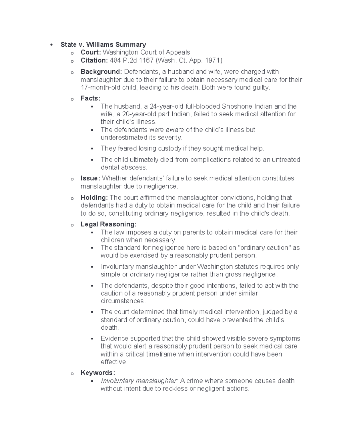 Crim Cases For Final - State v. Williams Summary o Court: Washington ...