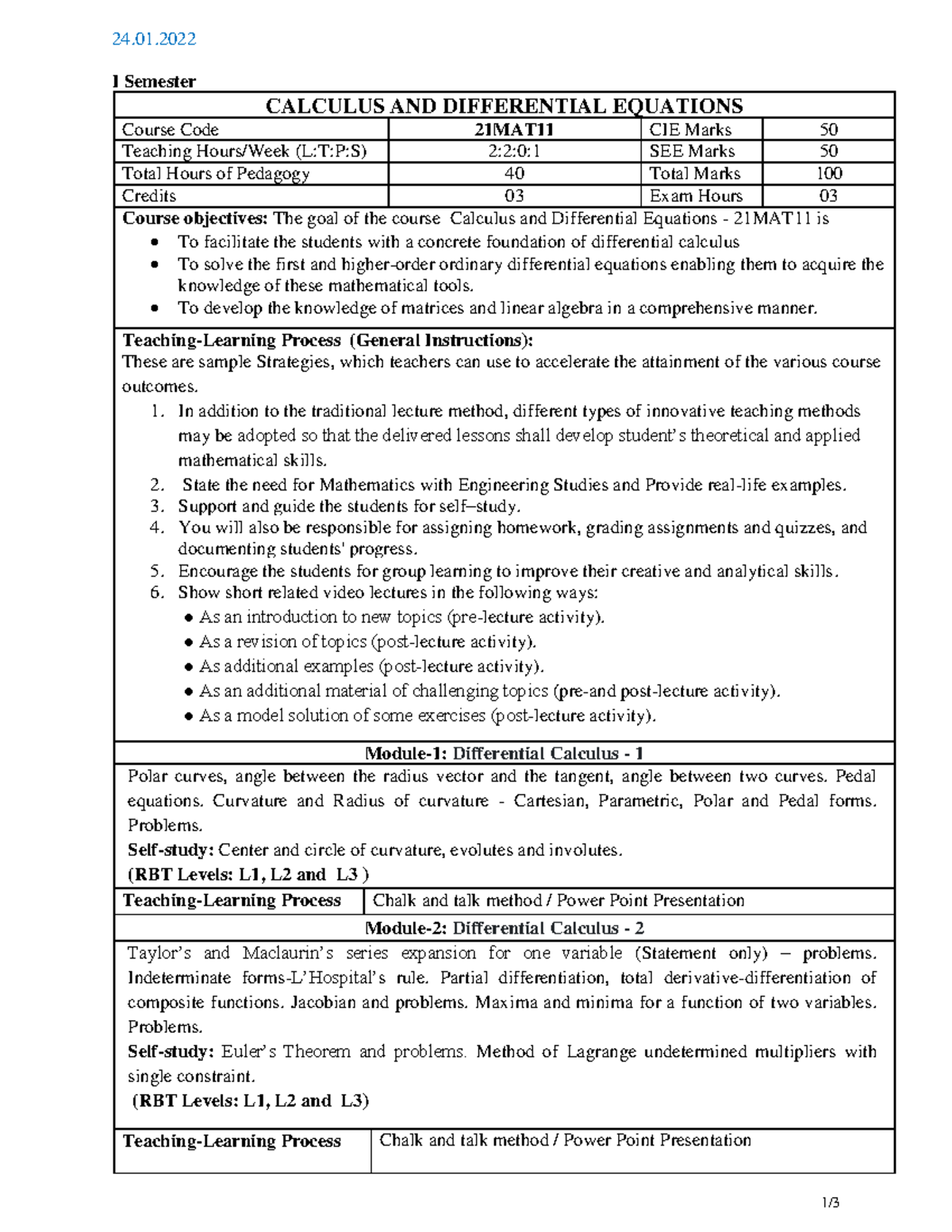 21mat11 - I Semester CALCULUS AND DIFFERENTIAL EQUATIONS Course Code ...