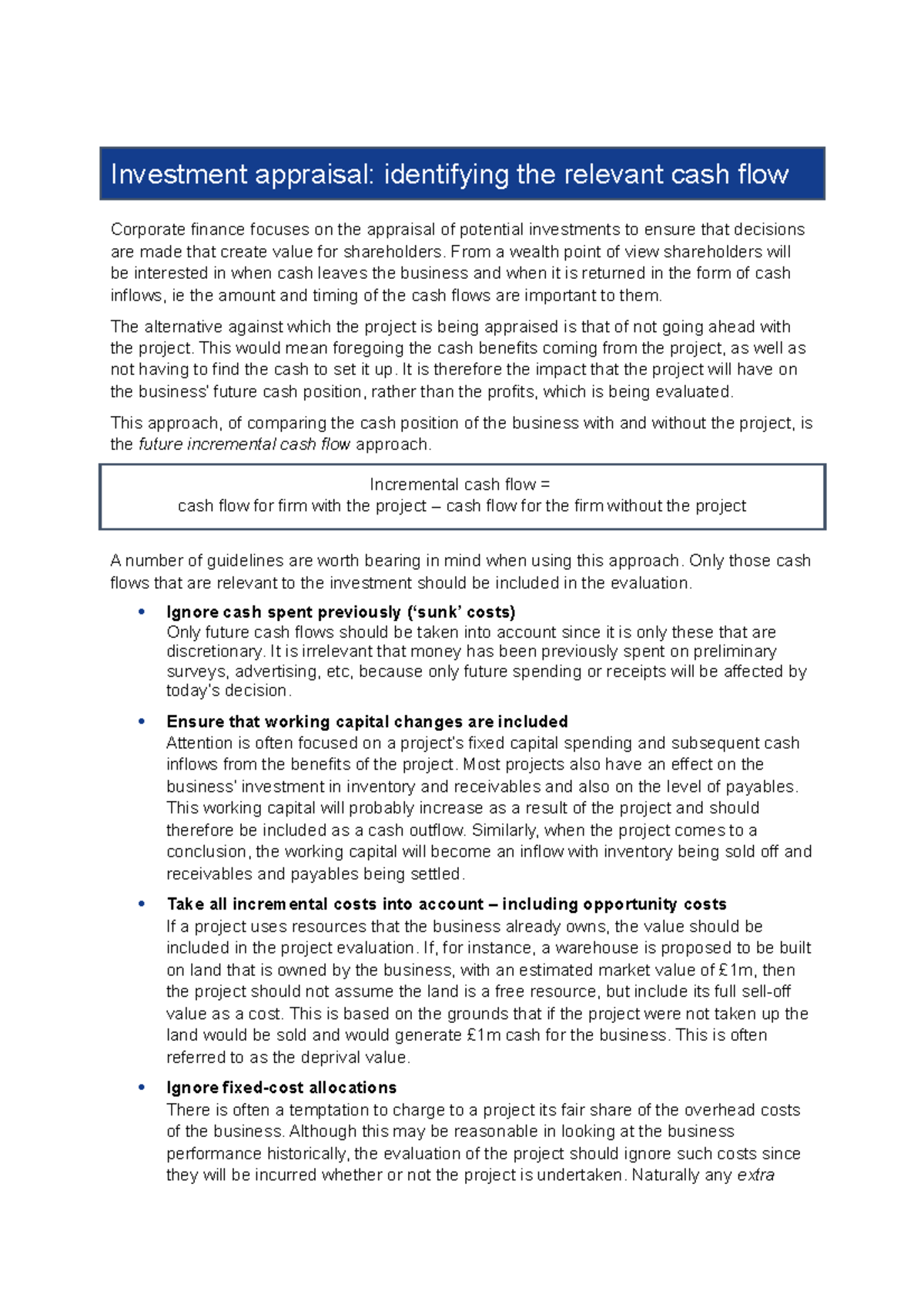 Investment appraisal - notes finance - Investment appraisal ...