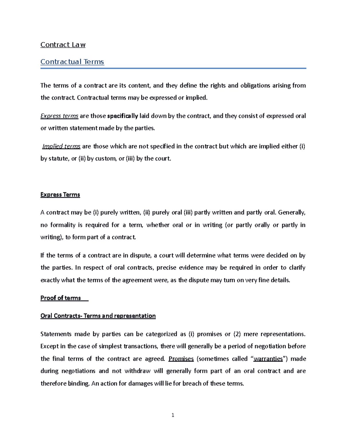 Lect. 4 Contractual Terms - Contract Law Contractual Terms The terms of ...